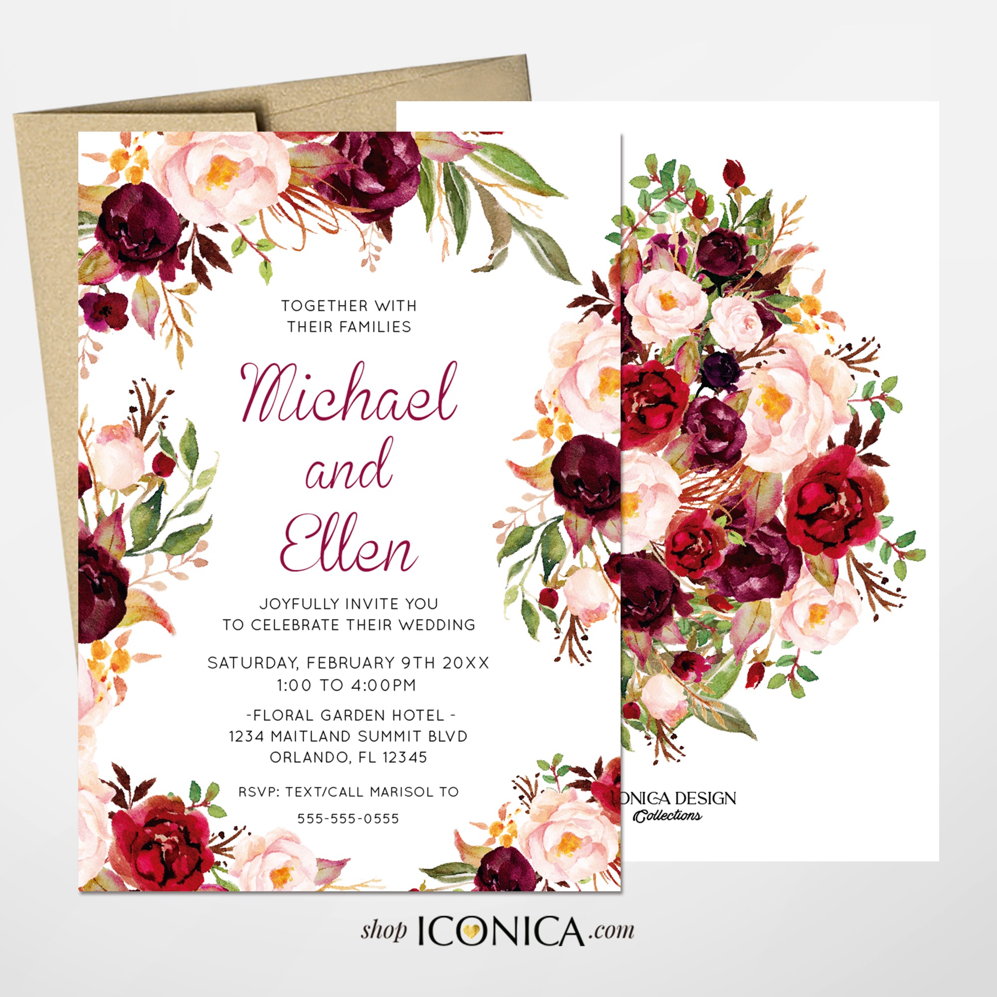 Burgundy floral wedding invitation template | Beachweddingtips.com