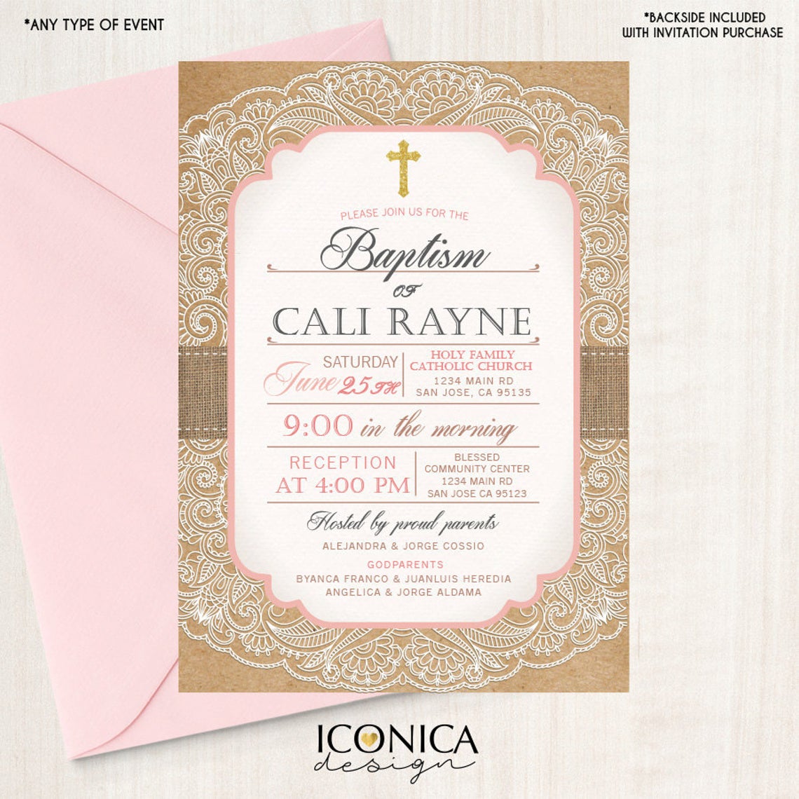 Girl Baptism Invitation Background Editable Pink Floral Baptism