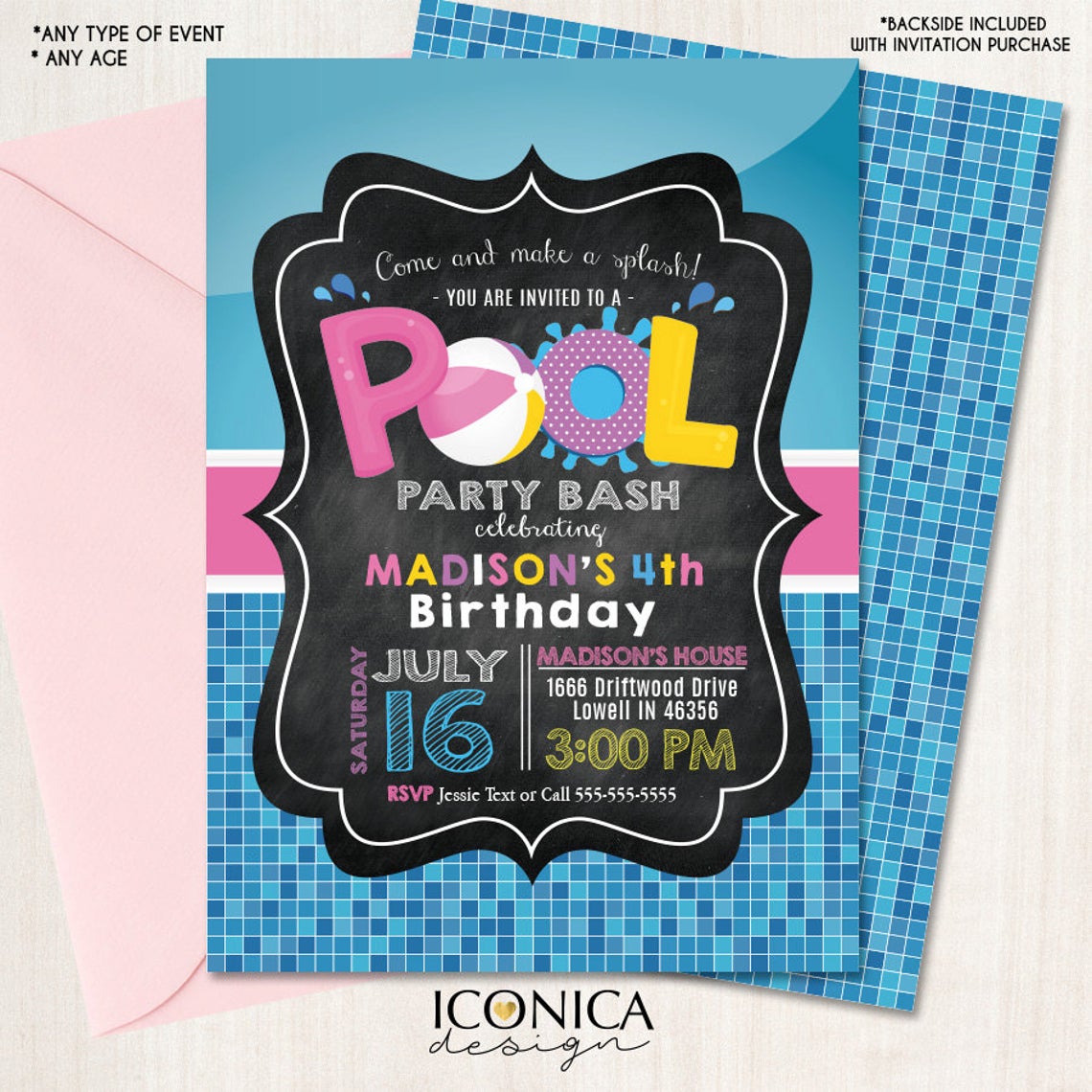 Swimming Pool Birthday Party Invitation Miley Beach & Pool Party