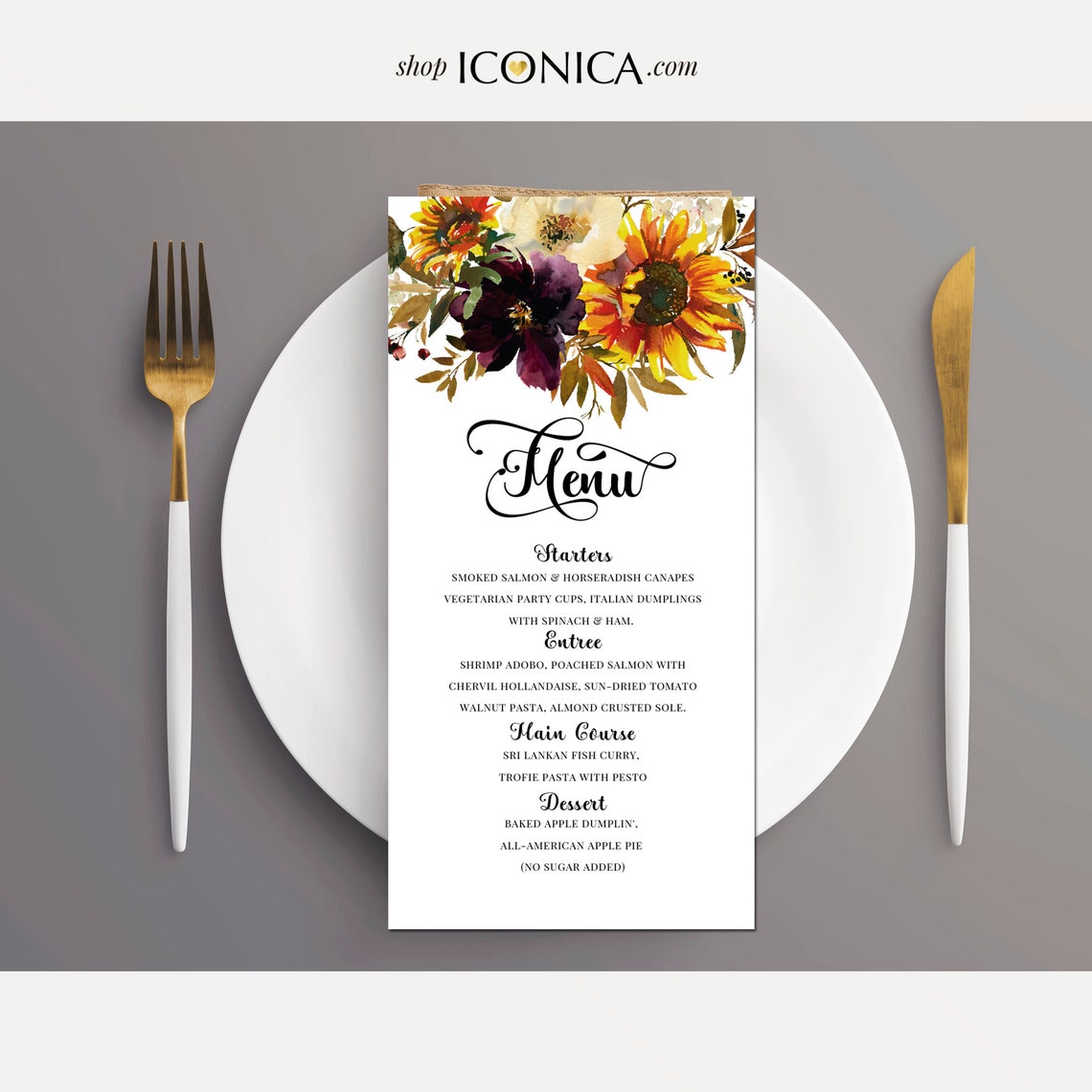 Sunflower Menu Card 9.25 x 4 Printed Menus, Rustic Wedding Menu Card B ...